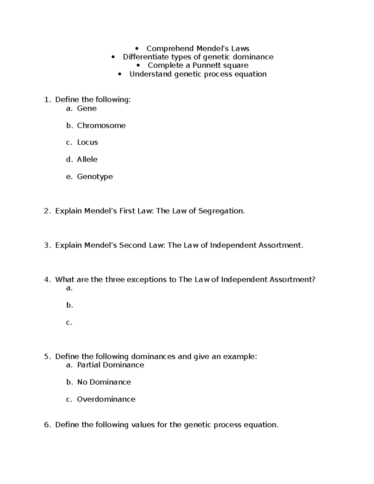 4.5 Genetics Review - Comprehend Mendel’s Laws Differentiate types of genetic dominance - Studocu
