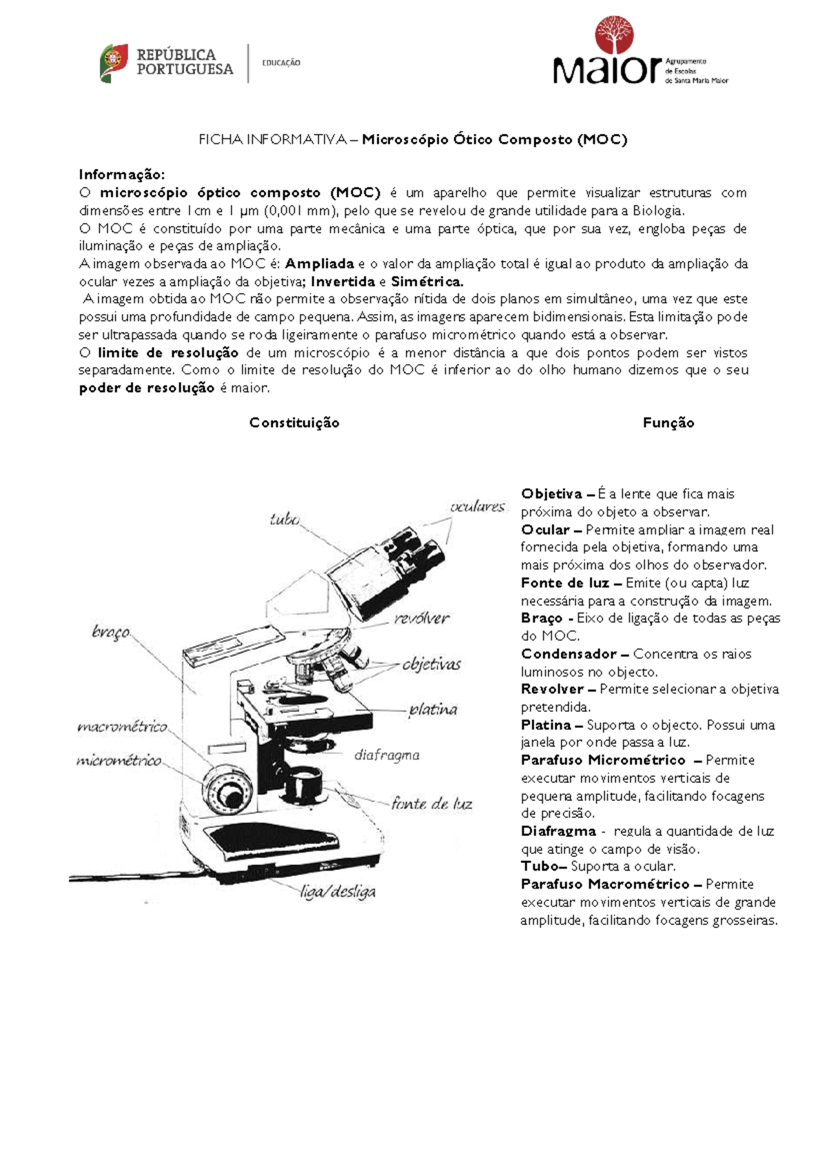 Ficha Informativa sobre o Microscópio Óptico Composto (MOC) - Studocu