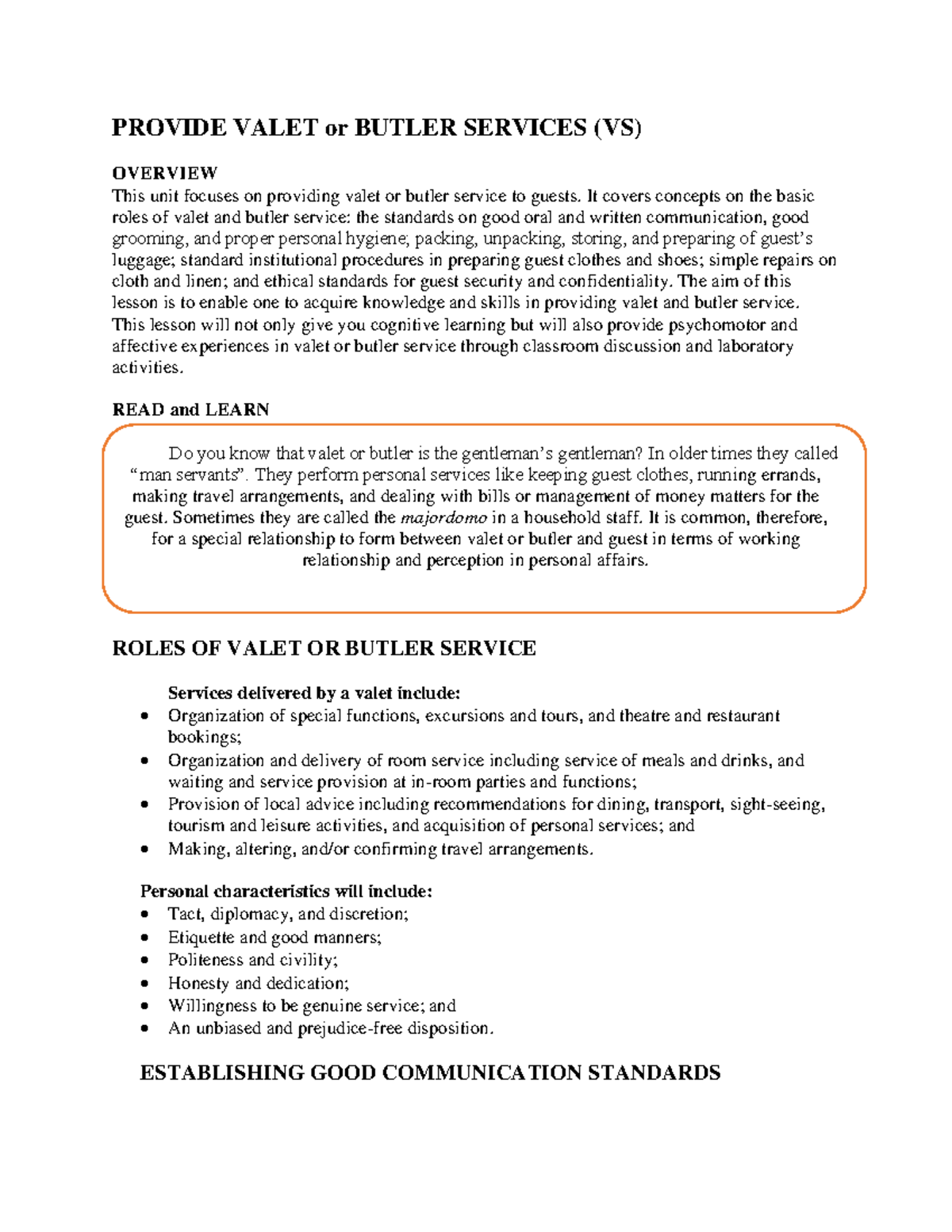 Provide Valet or Butler Services - PROVIDE VALET or BUTLER SERVICES (VS ...