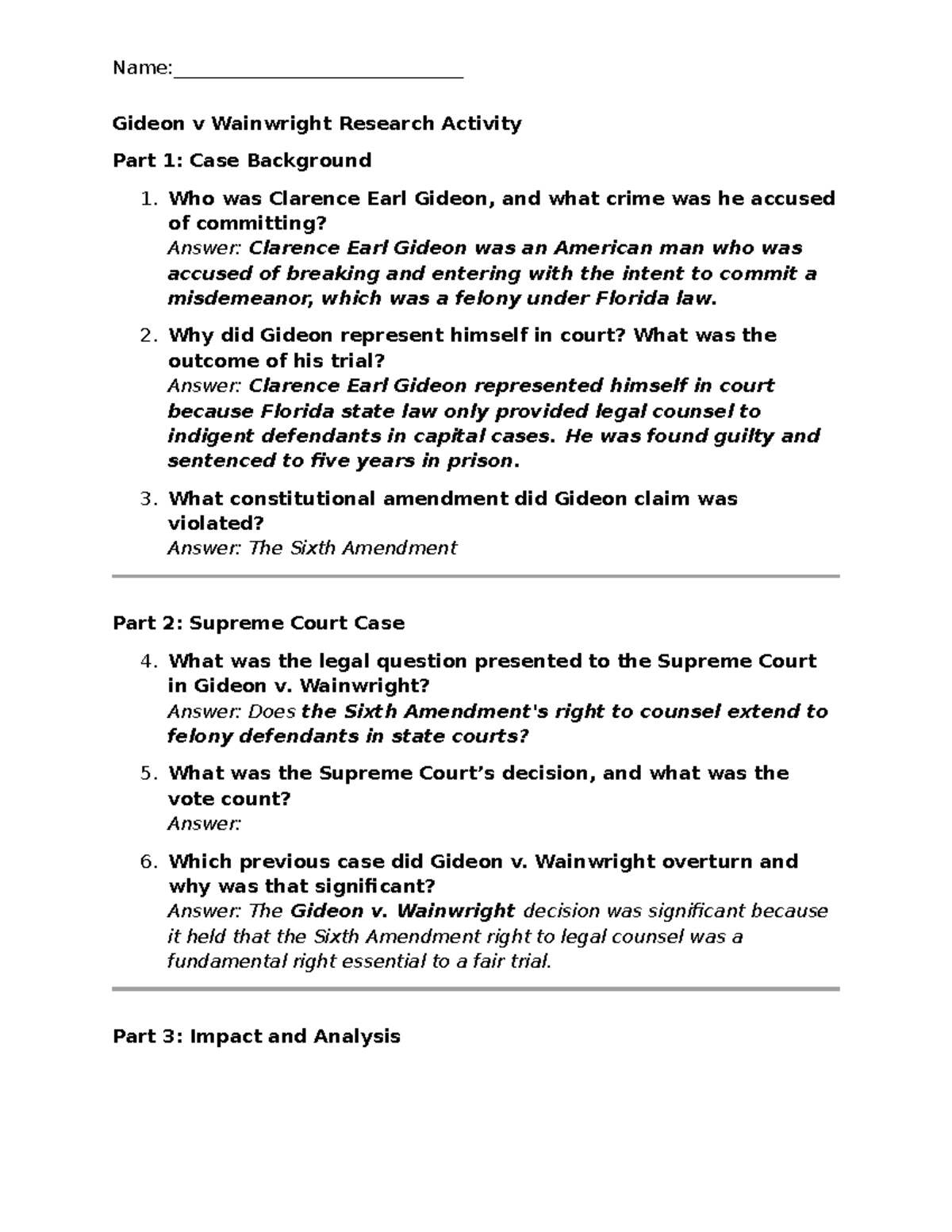Gideon v Wainwright Research Activity: Case Background & Impact - Studocu