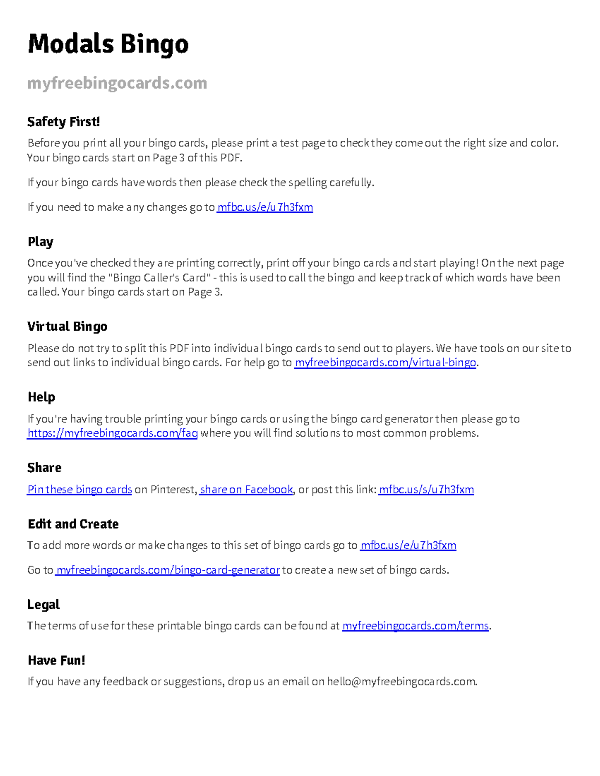 Modals Bingo - Games - Modals Bingo myfreebingocards Safety First! Before you print all your ...