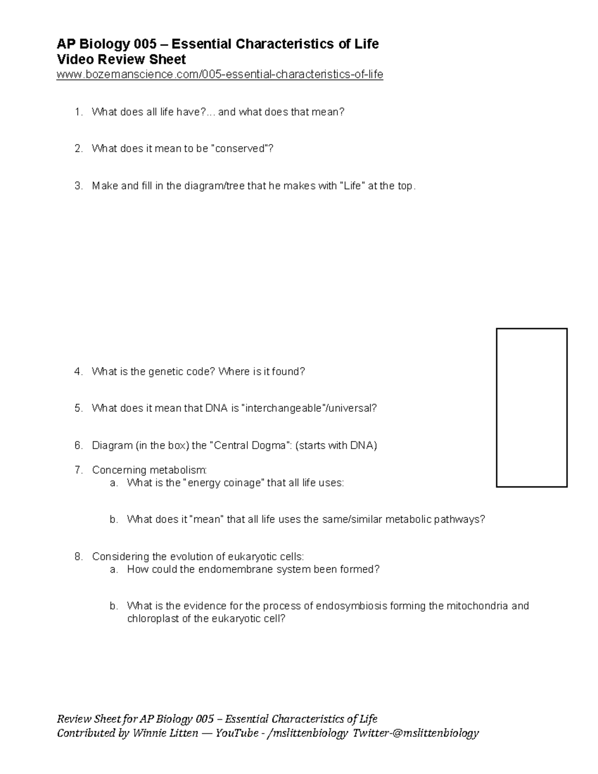 AP Biology 005 Essential Characteristics of Life Review Sheet - Studocu