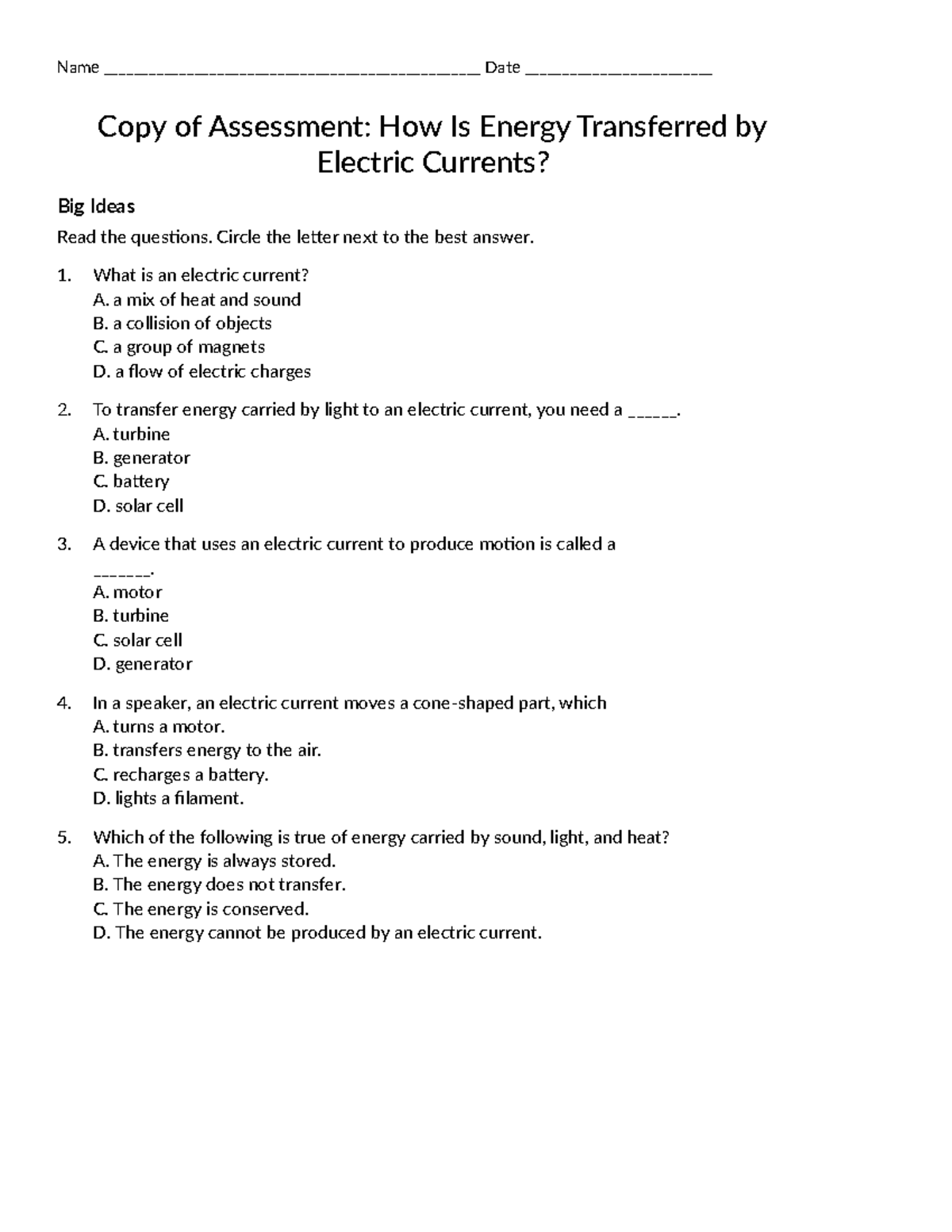 Assessment: How Is Energy Transferred by Electric Currents? (Grade 5 ...