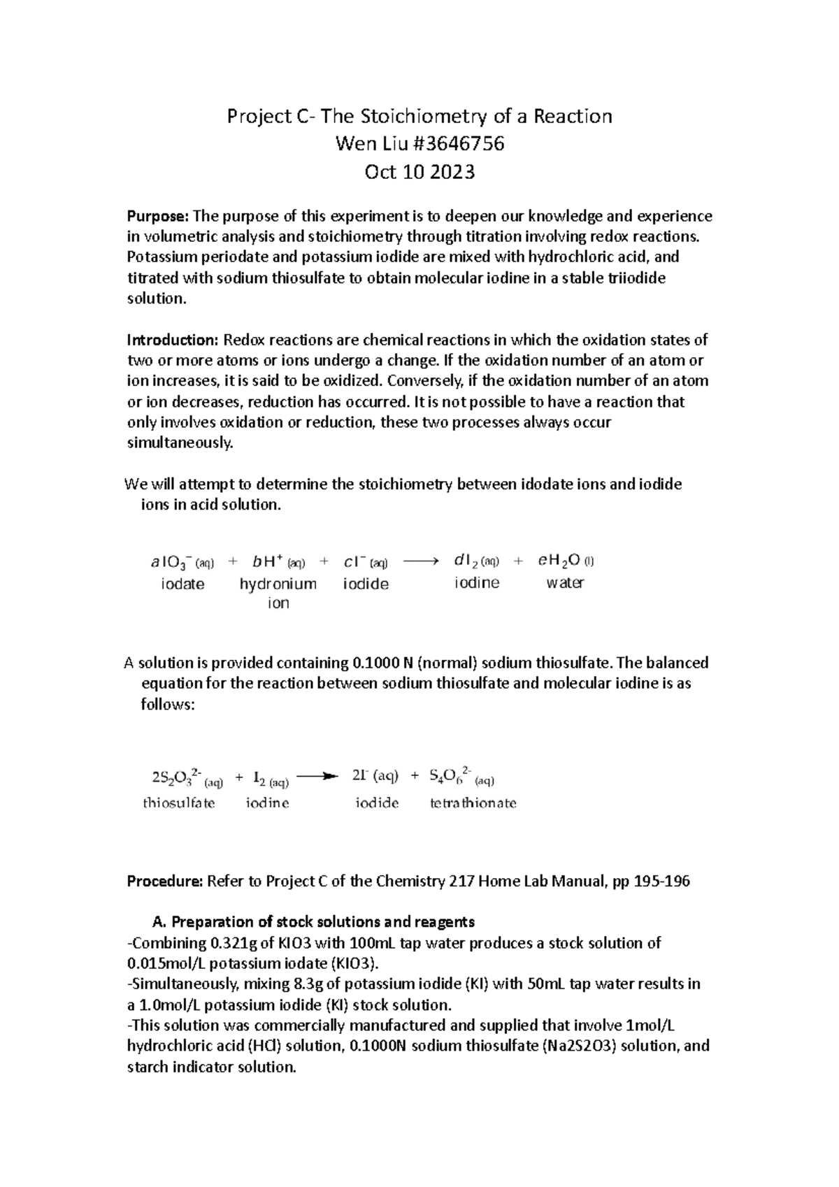 Chemistry 217: Project C - Stoichiometry and Redox Titration Analysis ...
