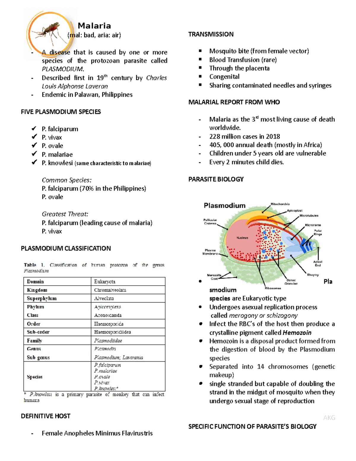 Malaria - Lecture notes 1 - Malaria (mal: bad, aria: air) A disease ...