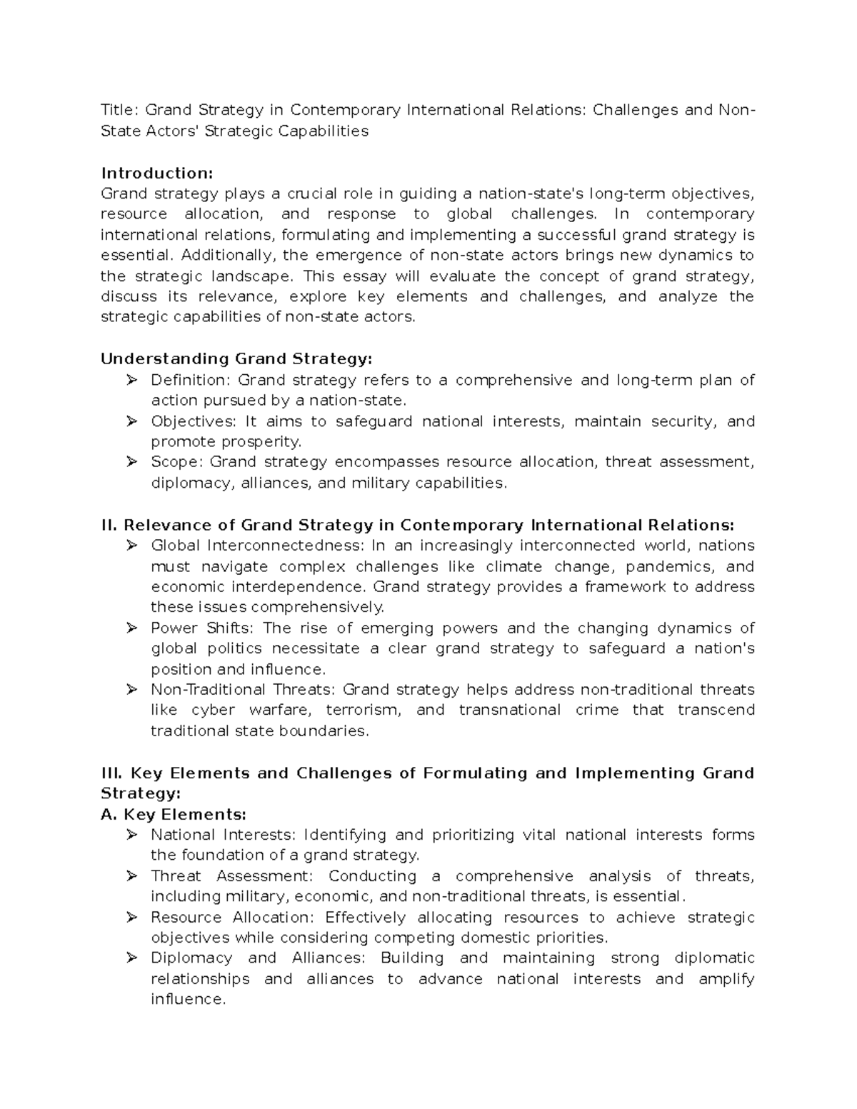 Grand Strategy in Int'l Relations: Non-State Actors & Challenges - Studocu