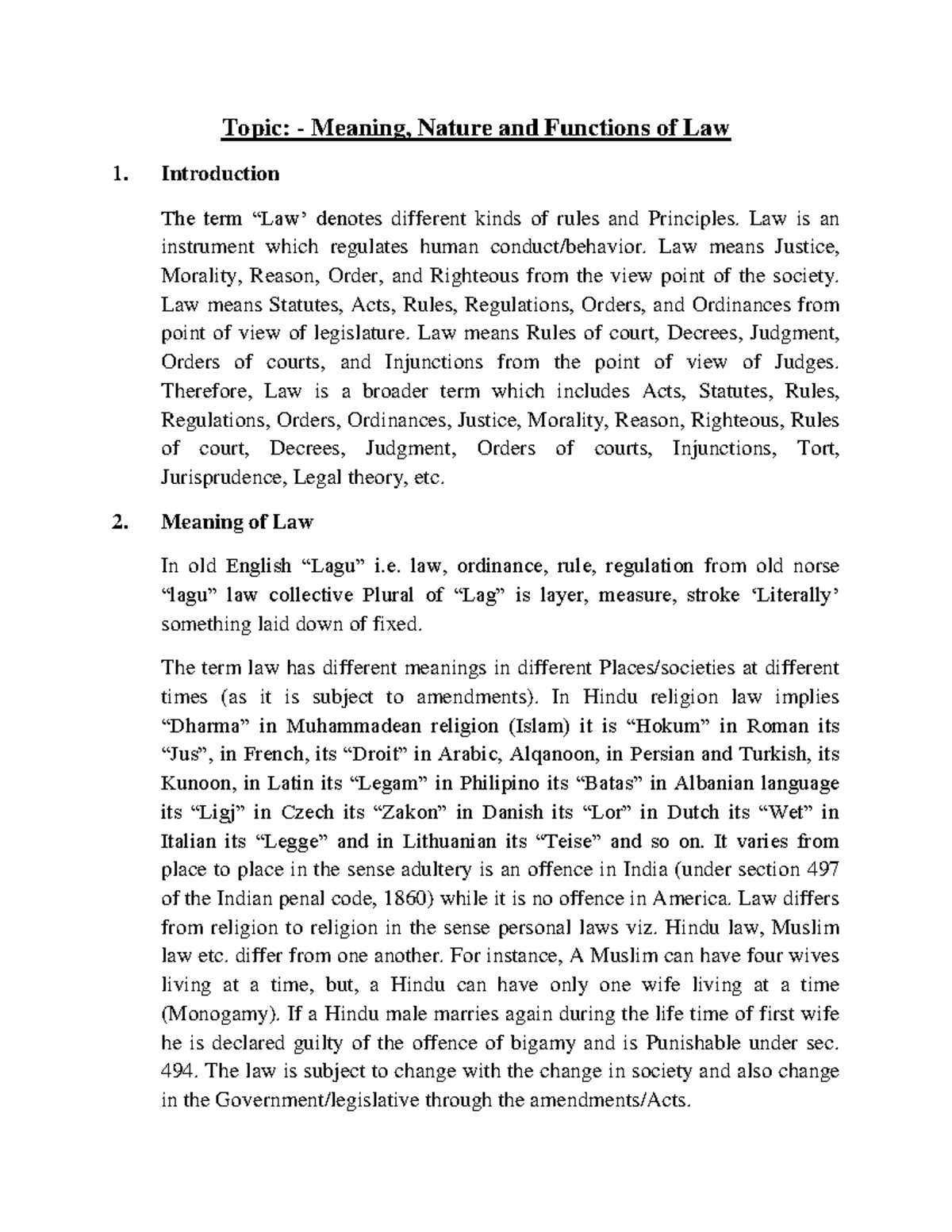 Law 1: Summary of Lessons on Meaning, Nature, and Functions of Law ...