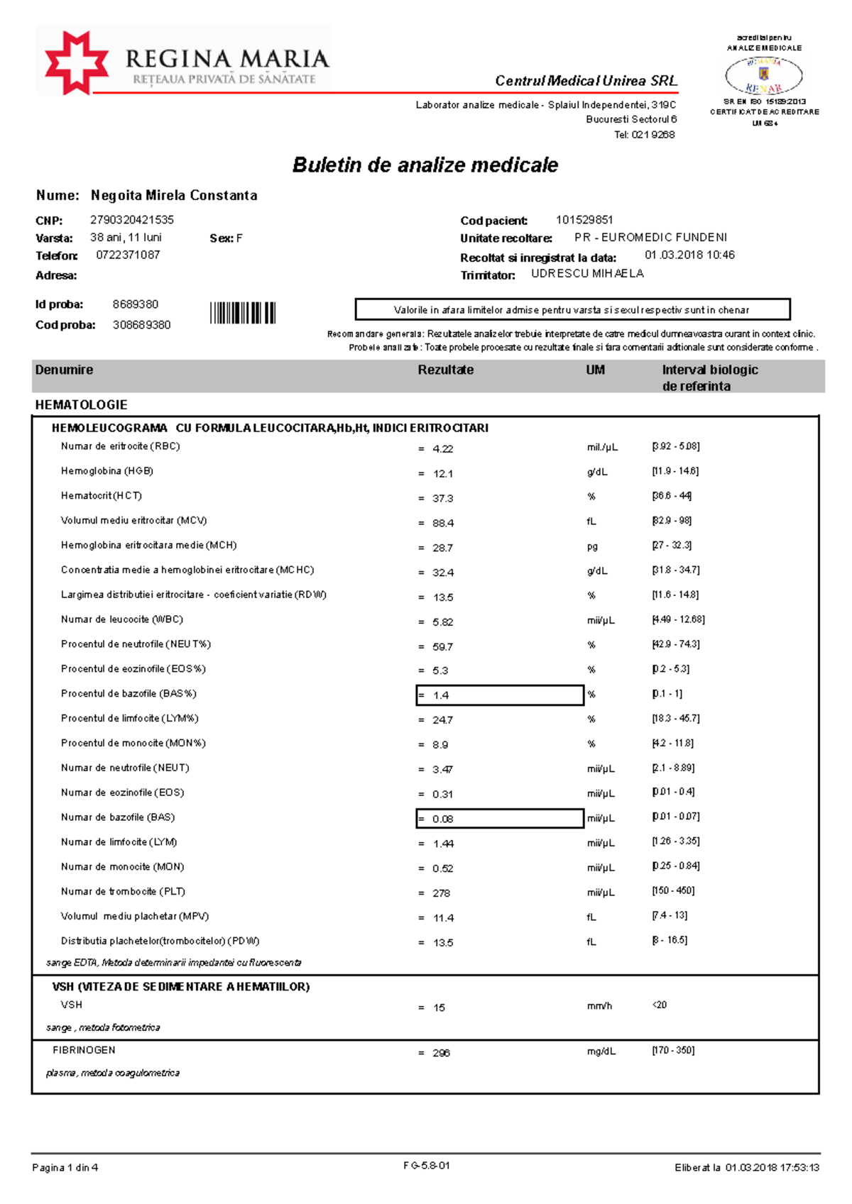 Buletin de analize medicale - Centrul Medical Unirea SRL - Studocu
