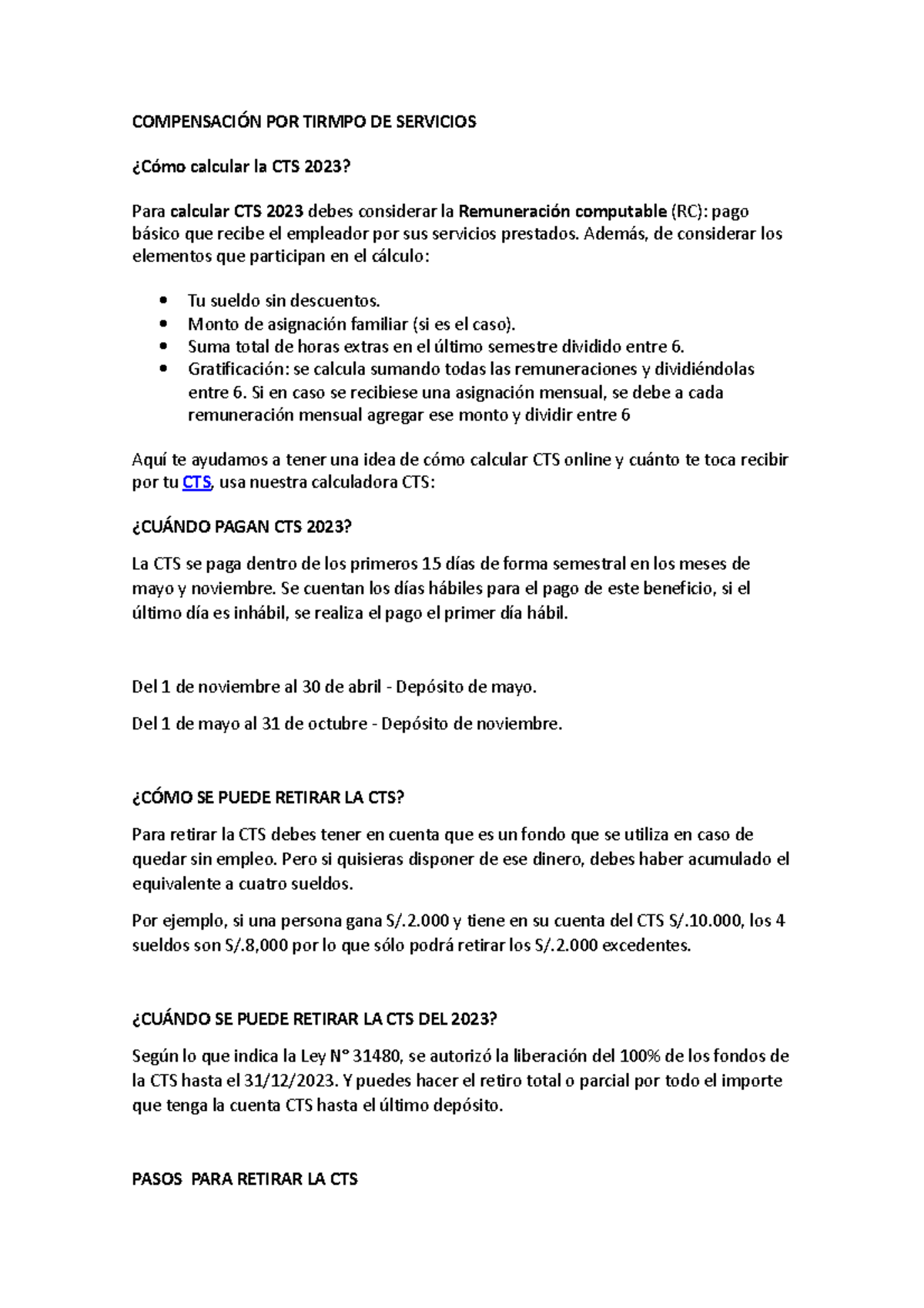 Casos Prácticos de Cálculo de CTS 2023: Guía y Ejemplos - Studocu