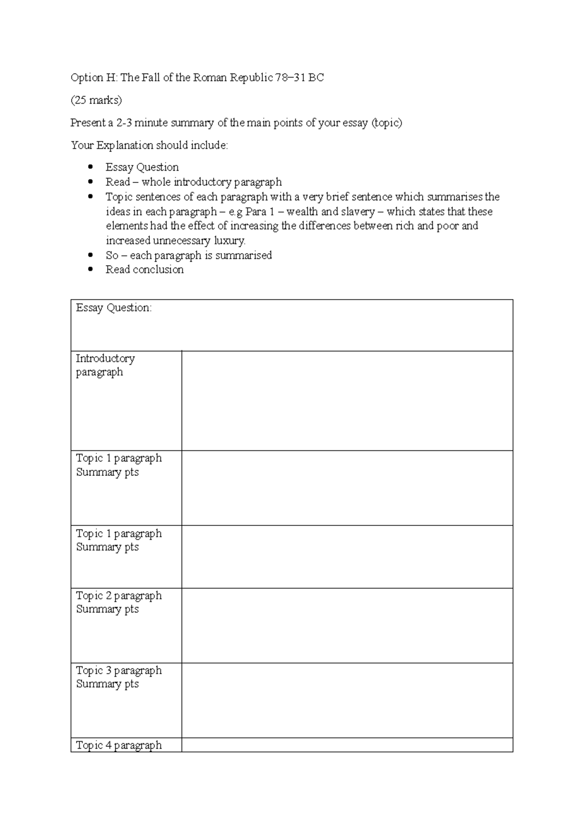 Option H: Summary of the Fall of the Roman Republic (25 Marks) - Studocu