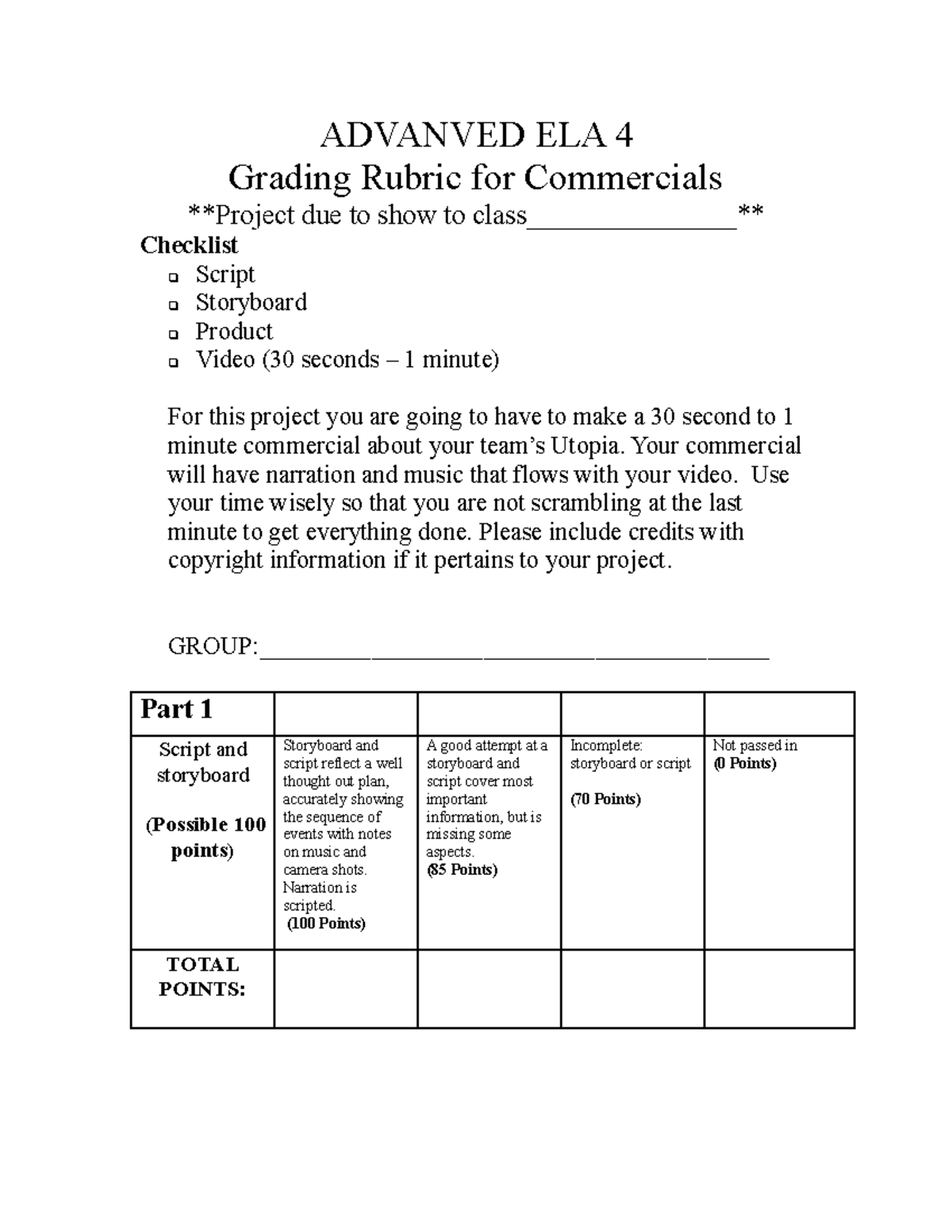 Grading Rubric for Advanced ELA 4 Commercial Project - Studocu
