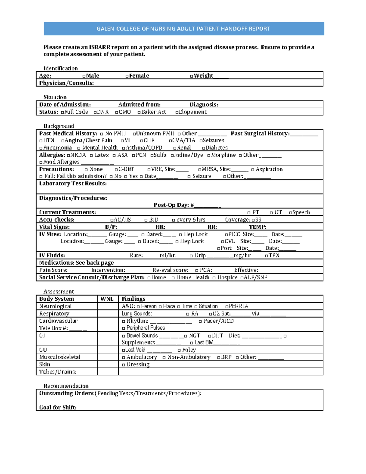 ISBARR Patient Handoff Report Template - Nursing Practice - Studocu