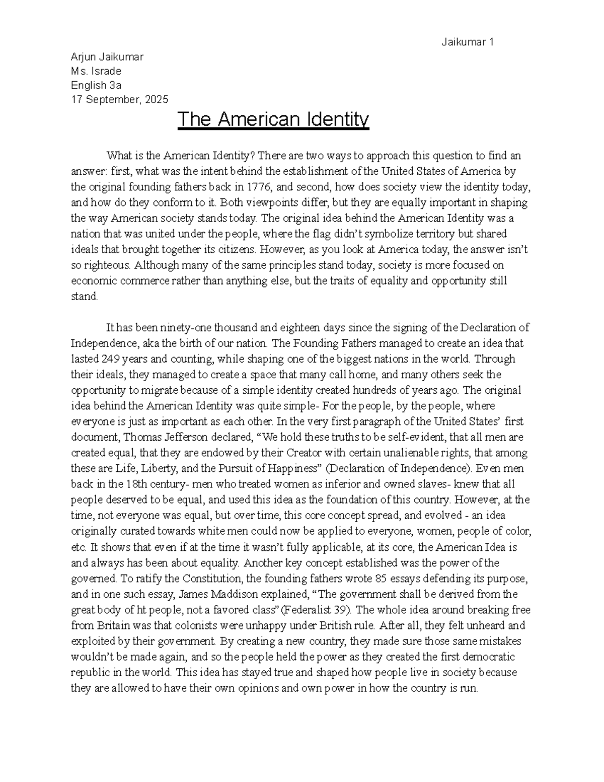 The American Identity: Insights from English 3A Essay - Studocu