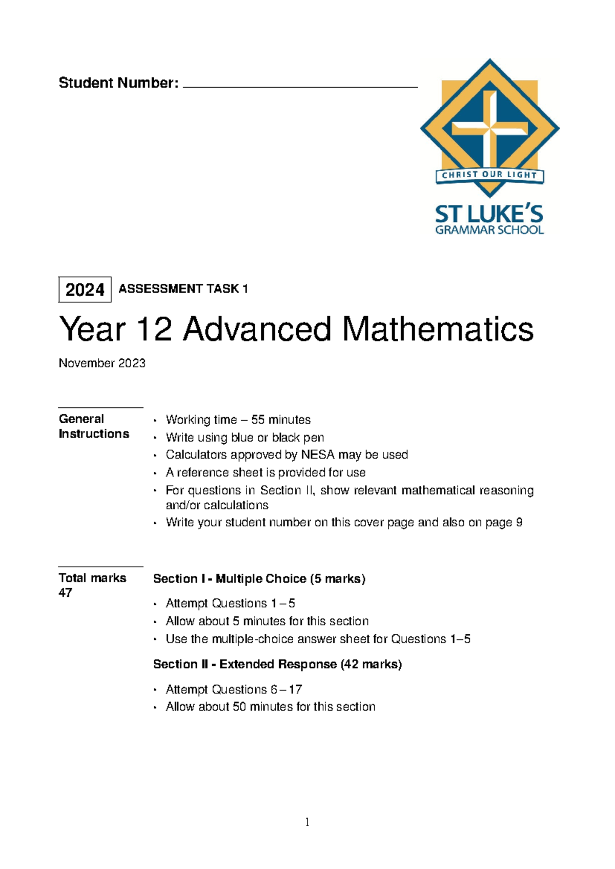2024 12MA Task 1 - Year 12 Advanced Mathematics Past Paper - Studocu