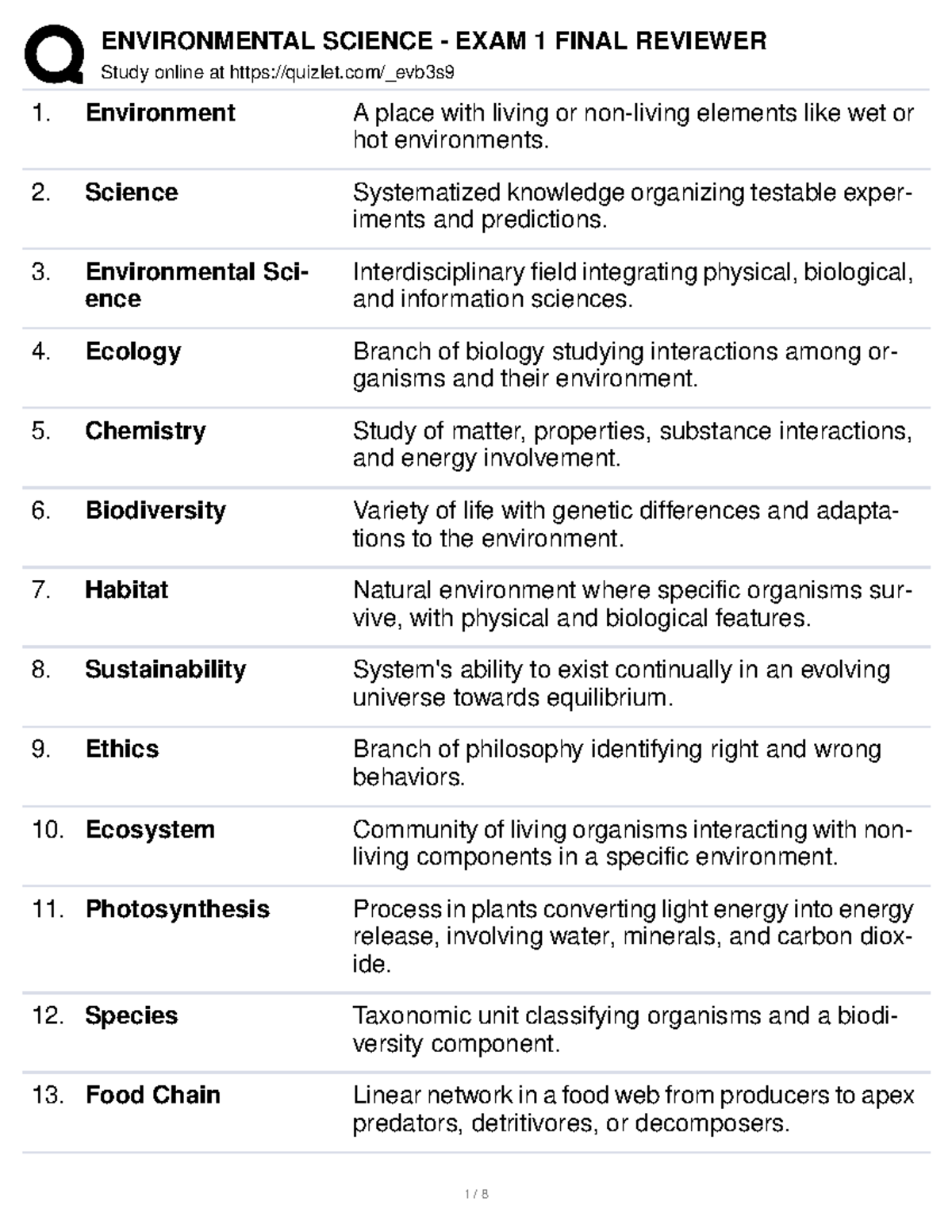 GE15 - Environmental Science - Exam 1 Comprehensive Study Guide - Studocu
