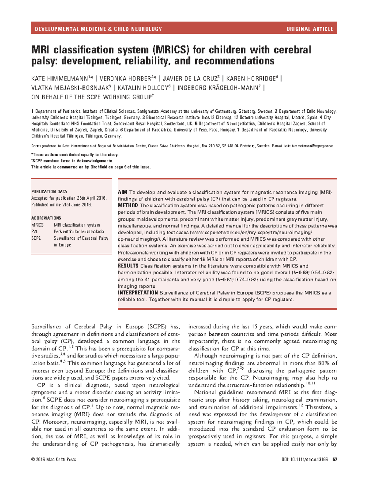 MRI Classification System (MRICS) for Cerebral Palsy: Development ...