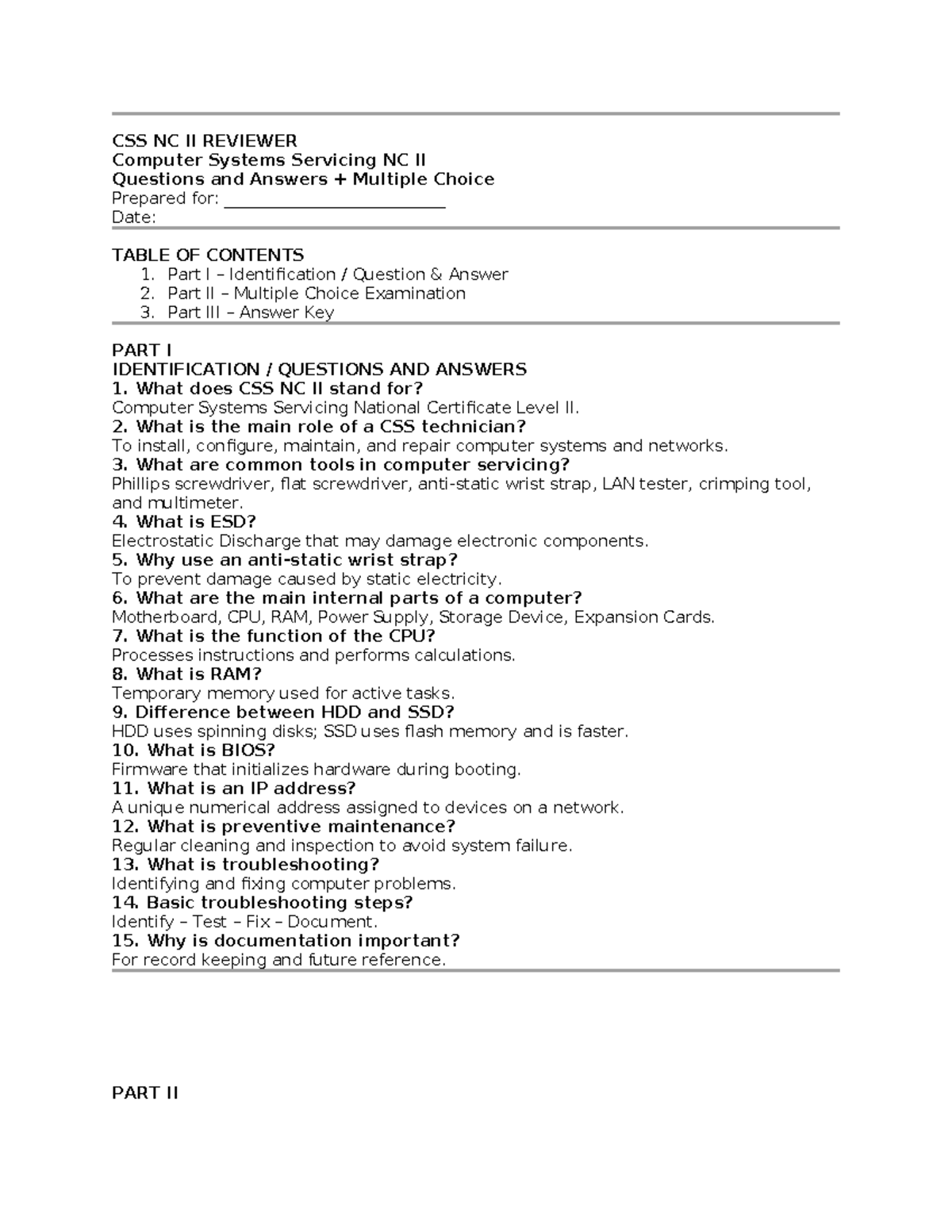 CSS NC II REVIEWER: Computer Systems Servicing Q&A Guide - Studocu