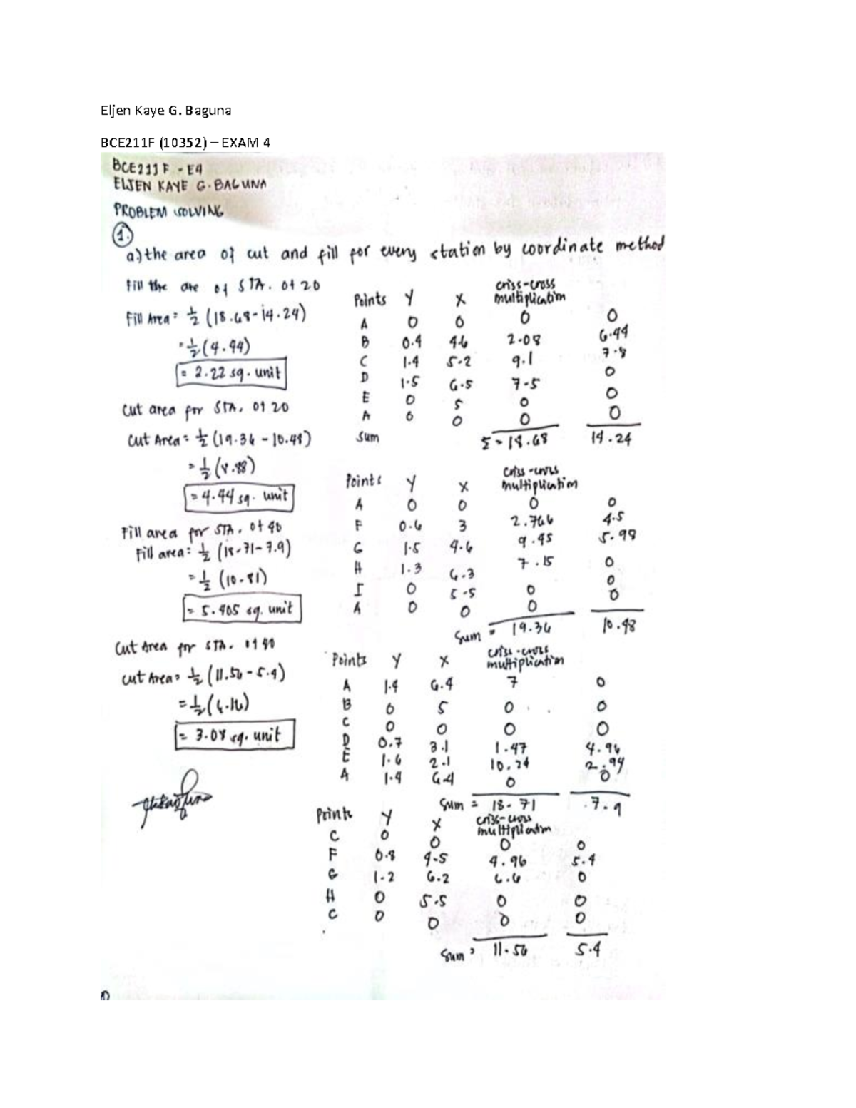 BCE211F (10352) Exam 4: Problem Solving on Cut and Fill Areas - Studocu