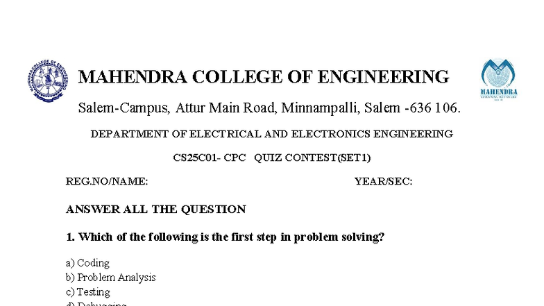 CPC QUIZ CONTEST - MAHENDRA COLLEGE OF ENGINEERING - Studocu