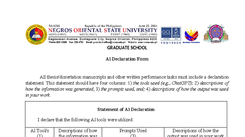AI Declaration Form 1 - Graduate School Requirement - Studocu