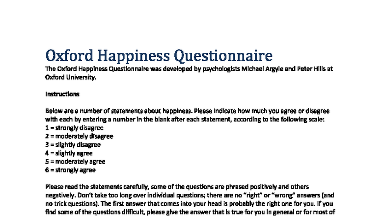 Oxford Happiness Questionnaire: Assessing Your Well-Being - Studocu