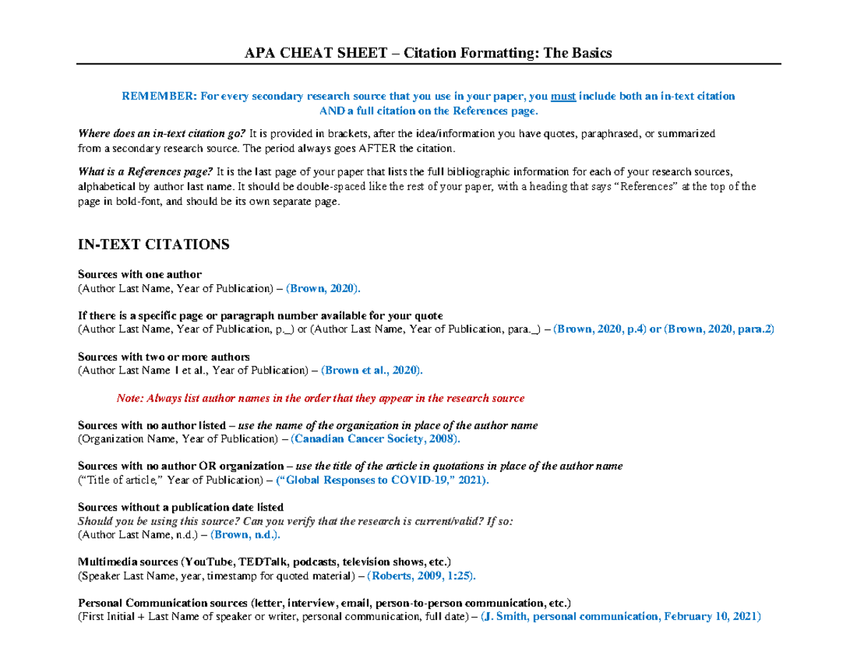 APA Cheat Sheet: Citation Formatting Guide 23-24 - Studocu