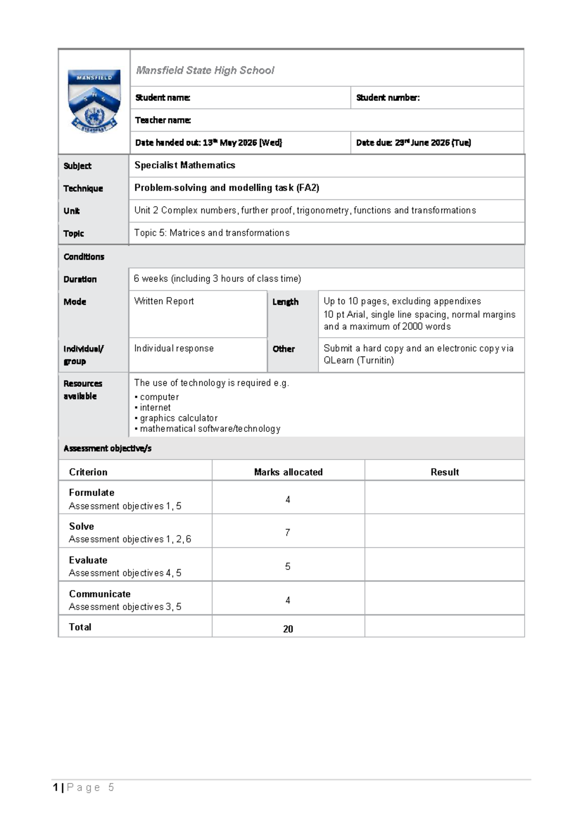 Unit 2 Specialist Mathematics FA2: Investigative Report on Dominance ...