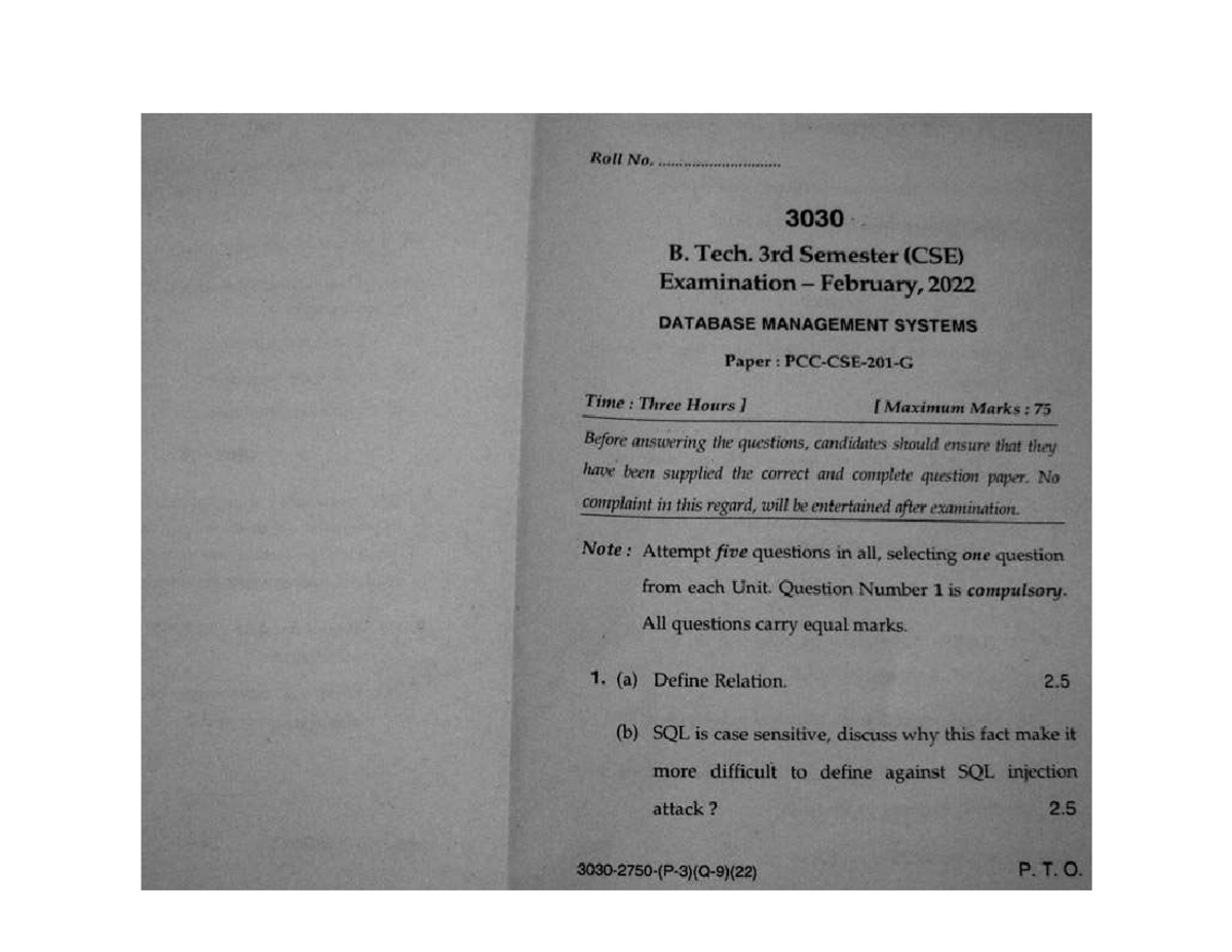 B. Tech 3rd Sem (CSE) DBMS Exam Paper - Feb 2022 - Studocu