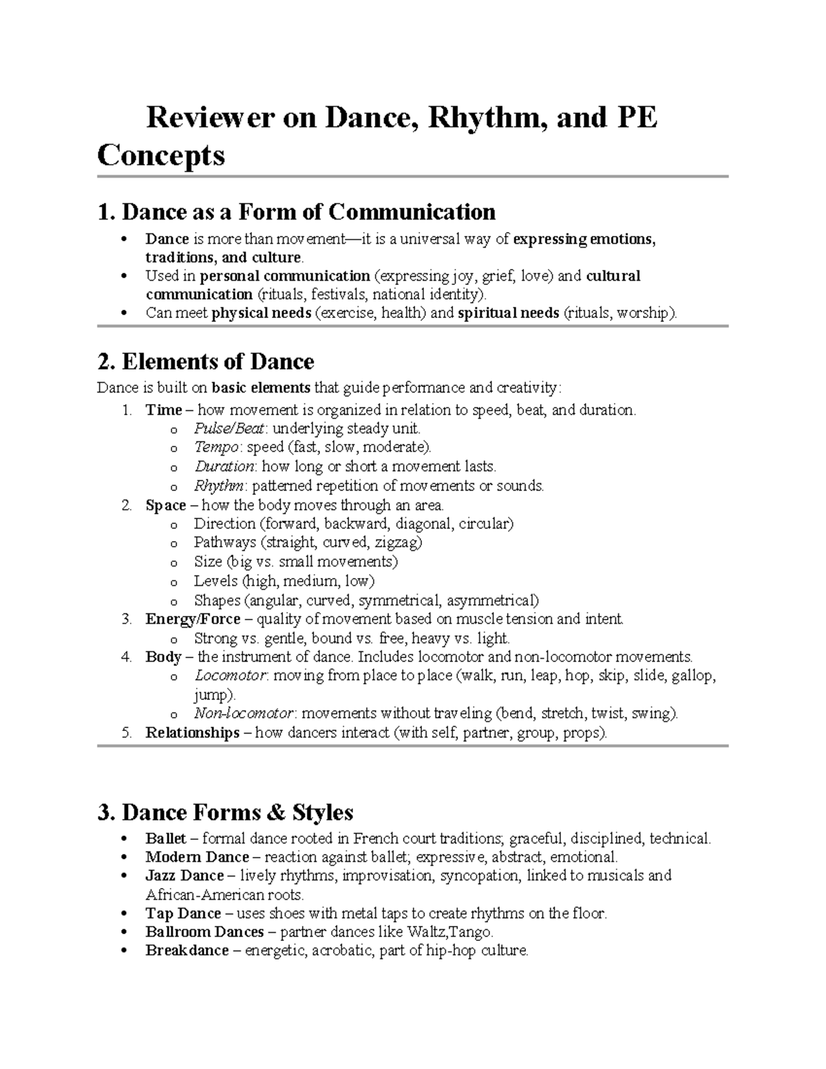 Reviewer on Dance, Rhythm, and PE Concepts (PE101) - Studocu