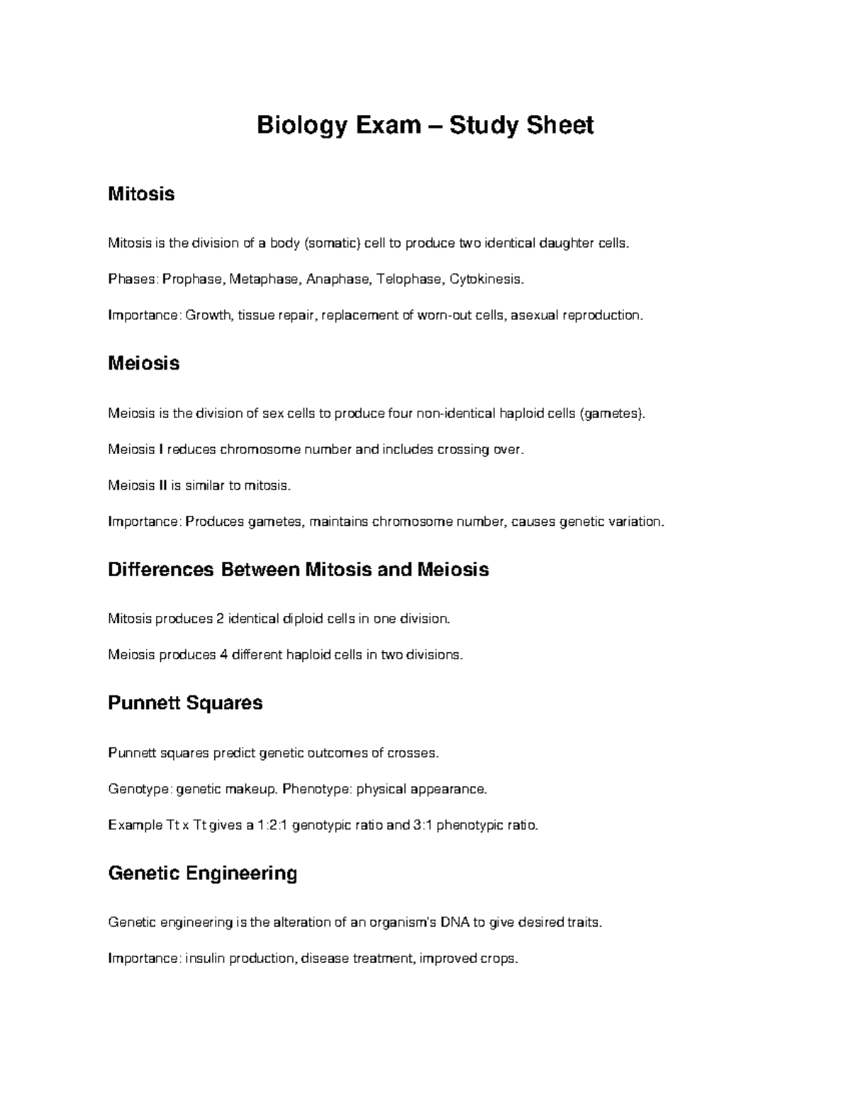 Biology 101 Final Exam Study Sheet: Mitosis & Meiosis Overview - Studocu