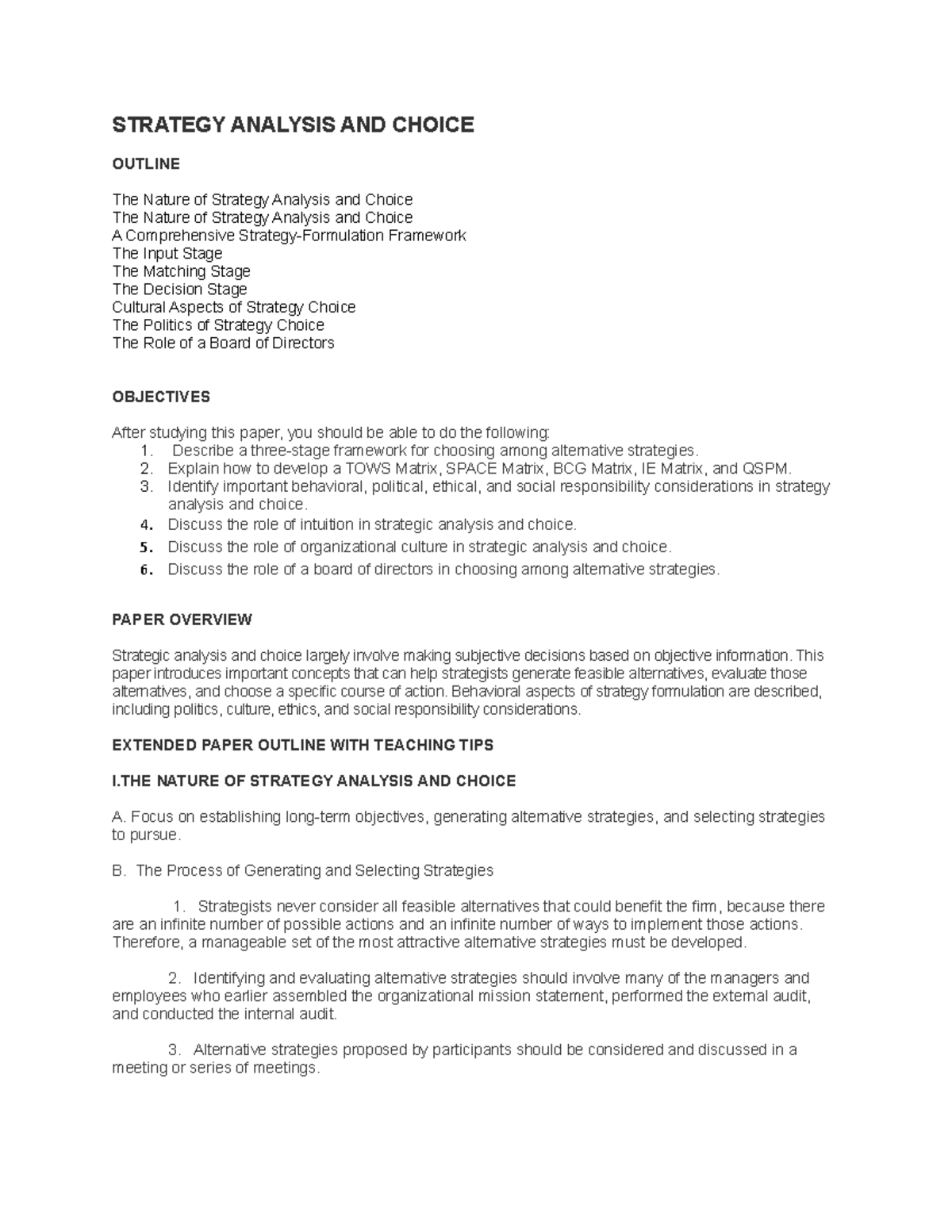 Chapter 6 - Strategy Analysis & Choice: Frameworks and Techniques - Studocu