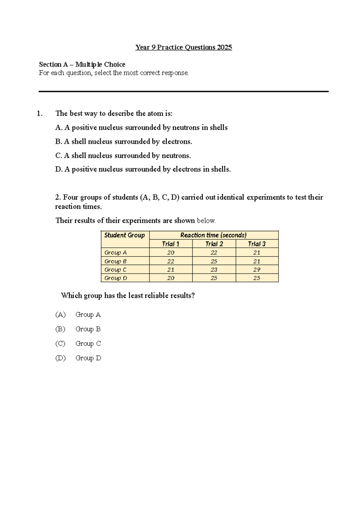 Year 9 Science Practice Questions 2025: Multiple Choice & Short Answer ...