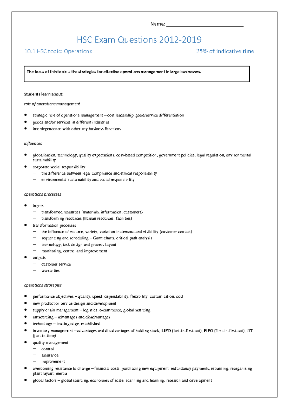 Complete HSC exams 2012- 2019 Business Studies Operations - Name