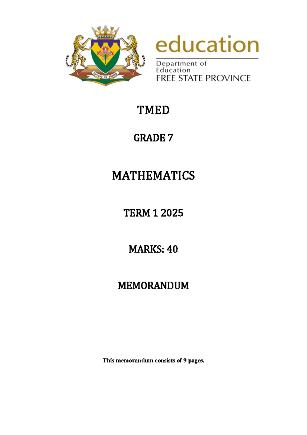 Grade 7 Math Term 1 2025 Assignment Memo (Marks: 40) - Studocu
