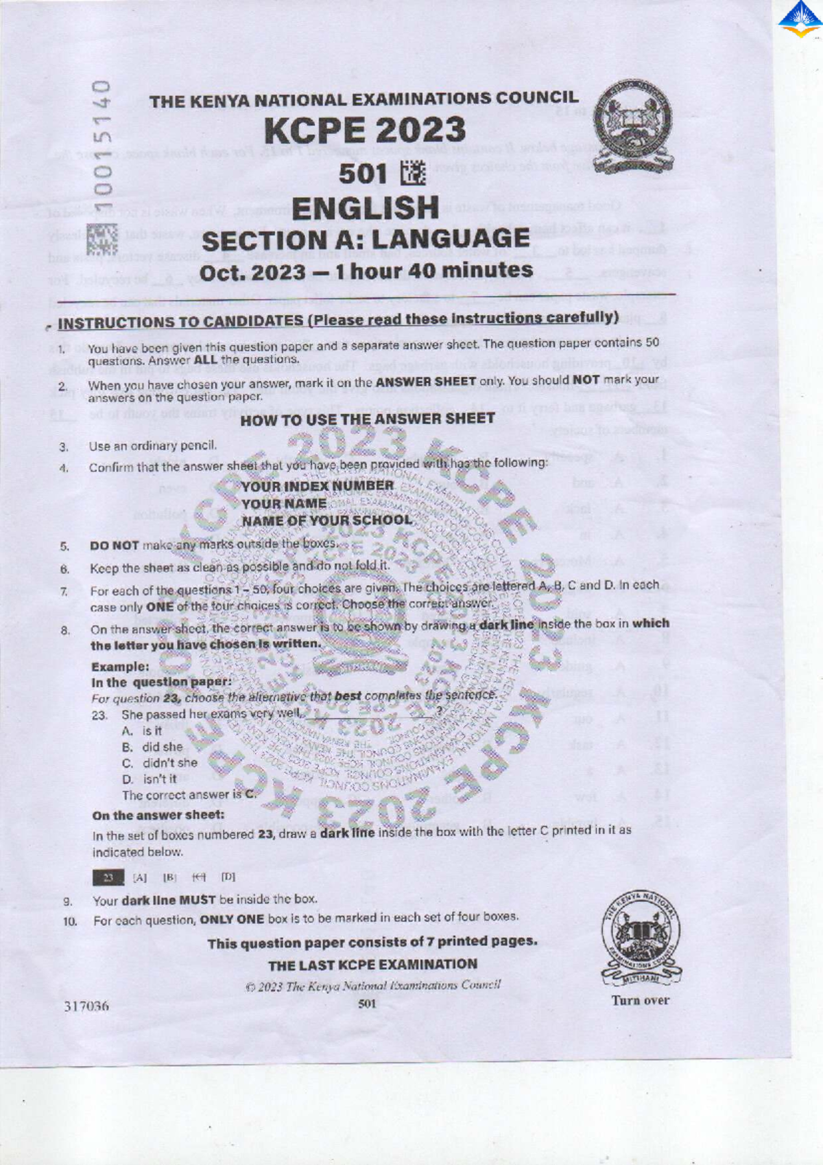 KCPE 2023 501 English Language Exam Paper and Instructions - Studocu
