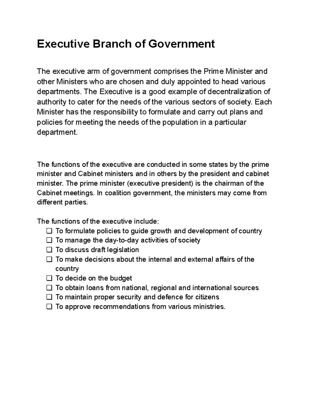 Executive Branch of Government - The Executive is a good example of ...