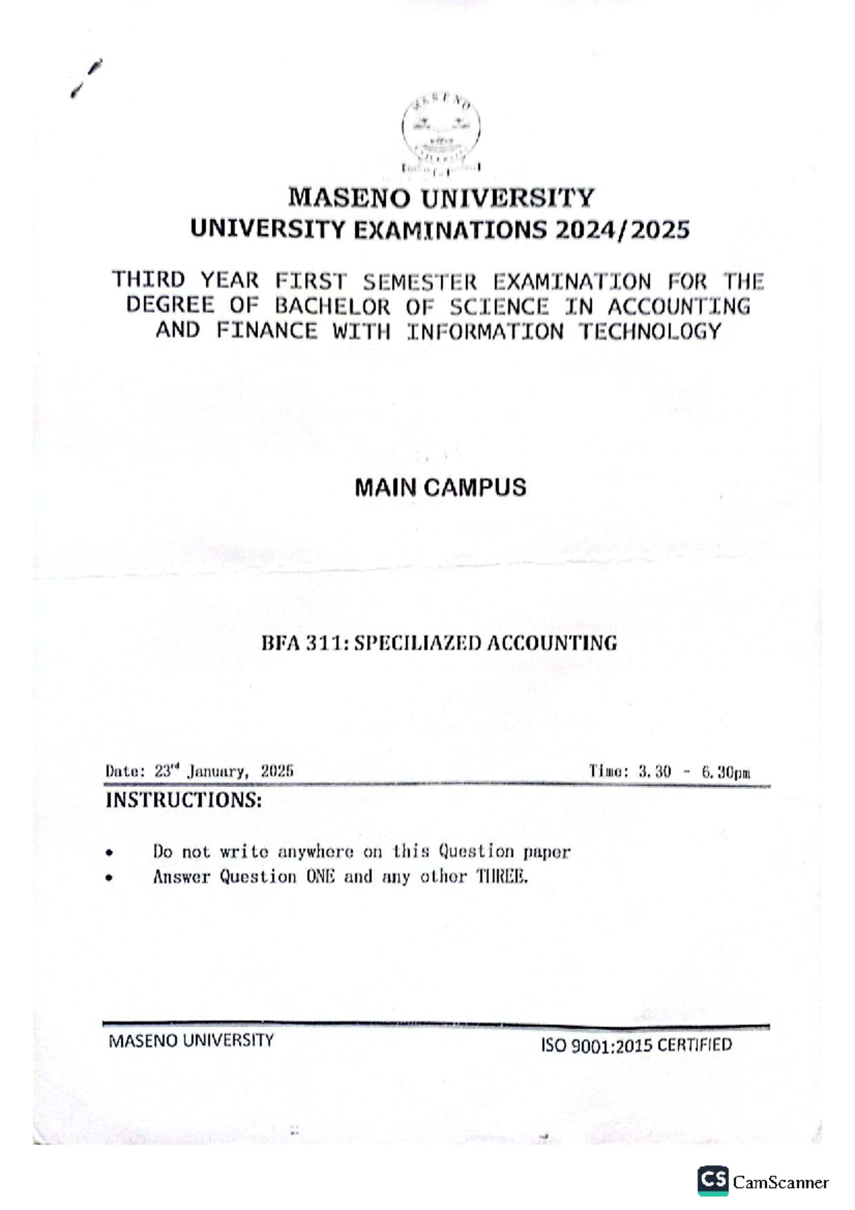 BFA 311: Specialized Accounting Exam Paper - January 2025 - Studocu
