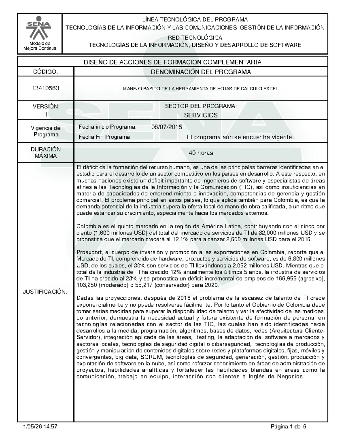 Programa 13410563: Manejo Básico de Excel - Formación TIC - Studocu