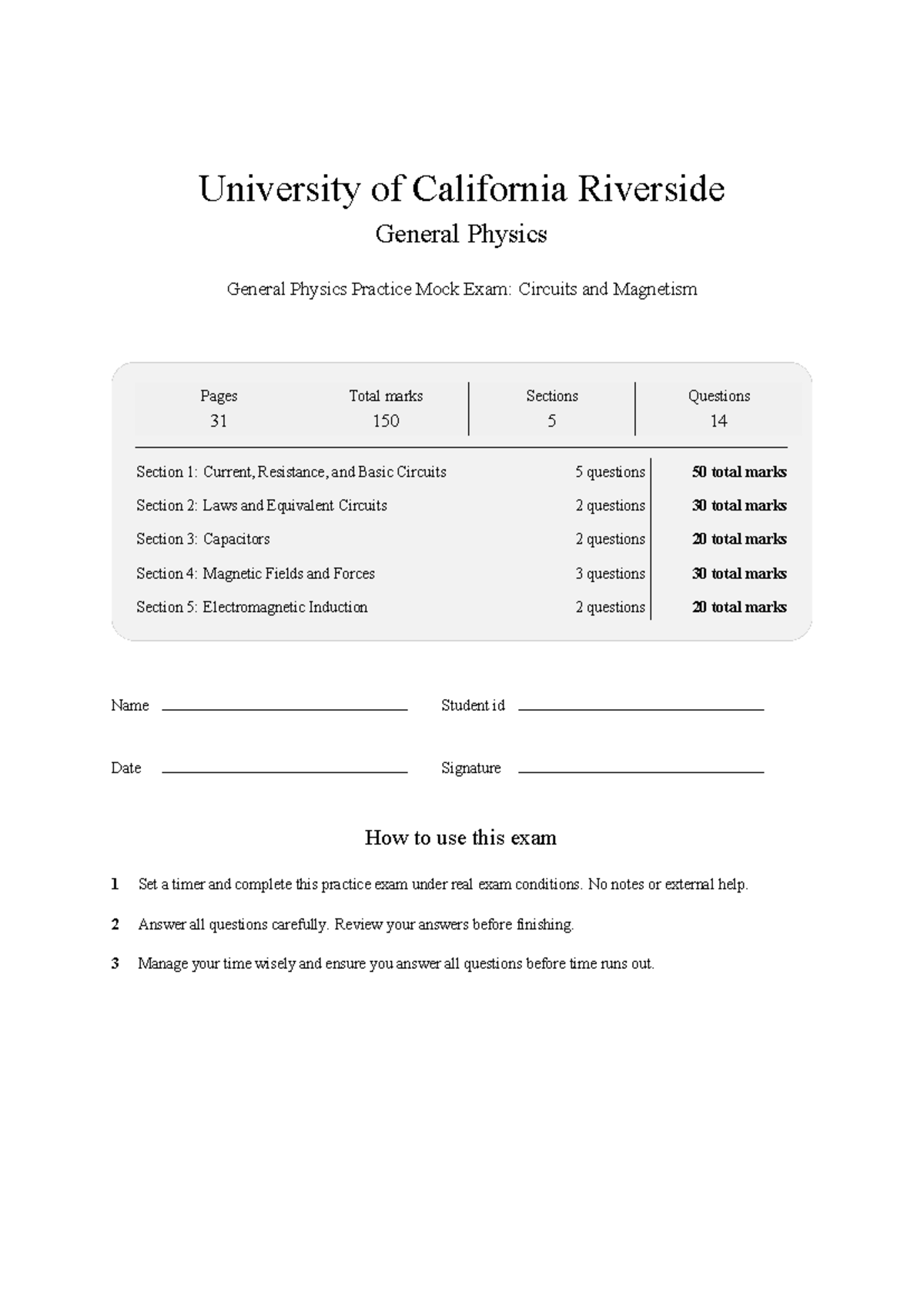 PHYS 040C General Physics Practice Mock Exam: Circuits & Magnetism ...