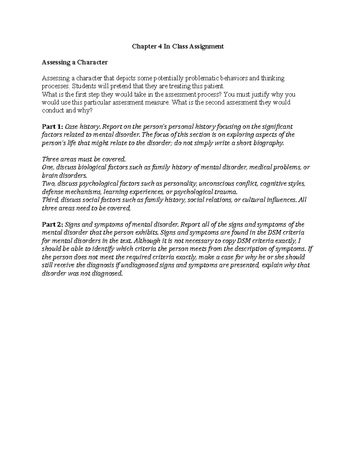 Chapter 4 In Class Assignment Assessment and Diagnosis - Chapter 4 In ...
