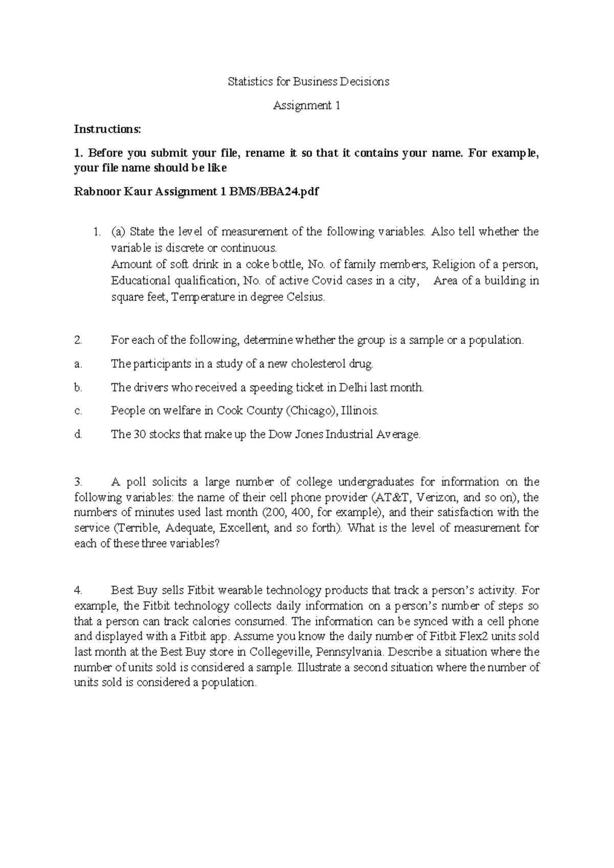 BBA24 Assignment 1: Statistics for Business Decisions Analysis - Studocu
