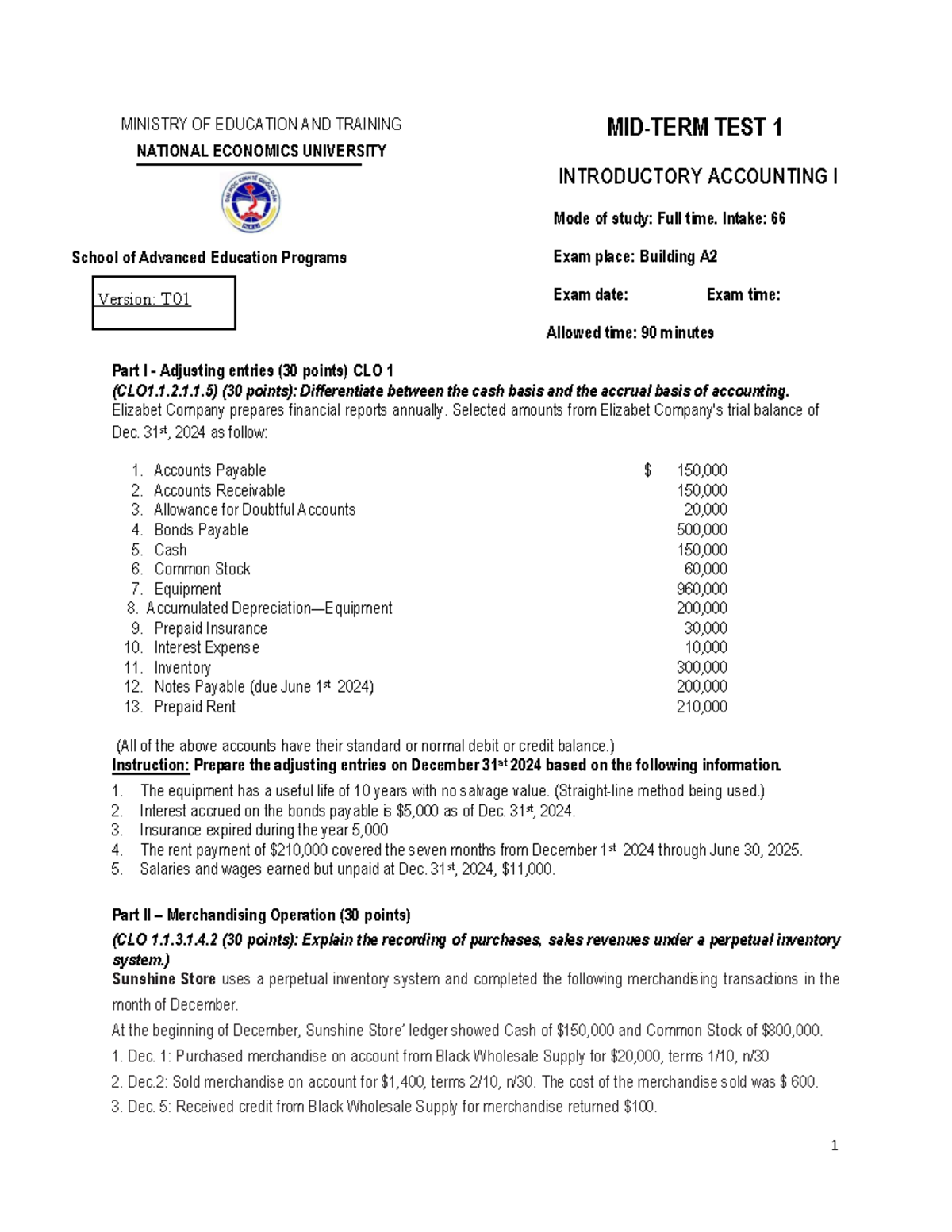 ĐỀ TEST 1 ACCT 1: Introductory Accounting I Exam Details - Studocu