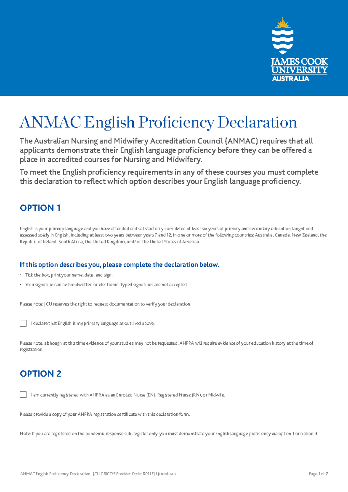 ANMAC English Proficiency Declaration for JCU Nursing Courses - Studocu