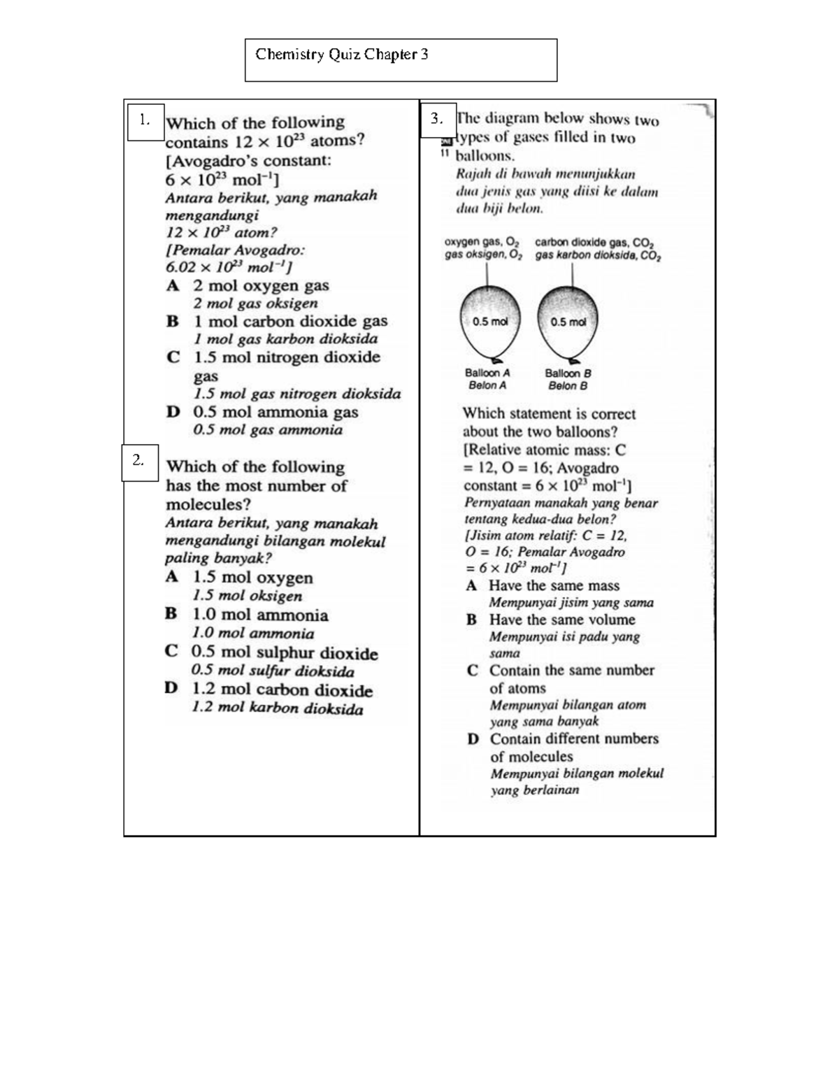 Chemistry Quiz Notes: Chapter 3 Insights and Questions - Studocu