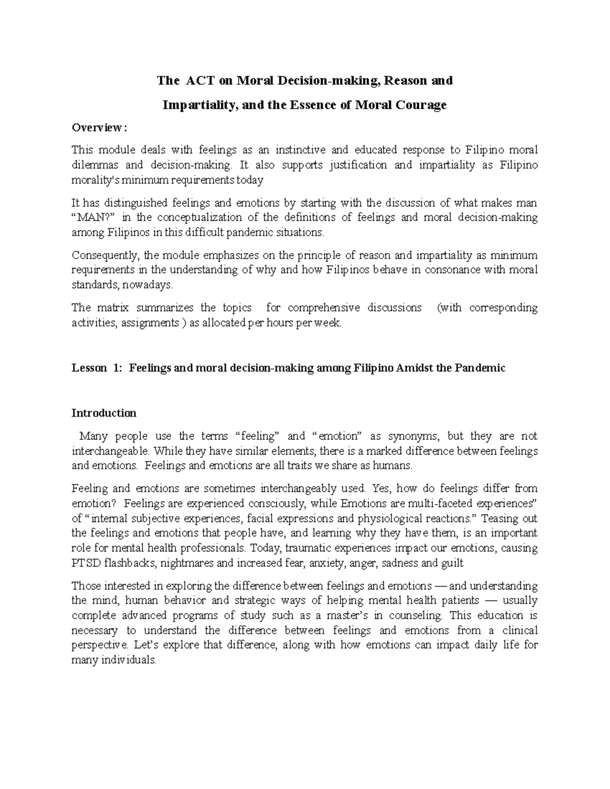 Ethics Lesson 6 - The ACT on Moral Decision-making, Reason and ...