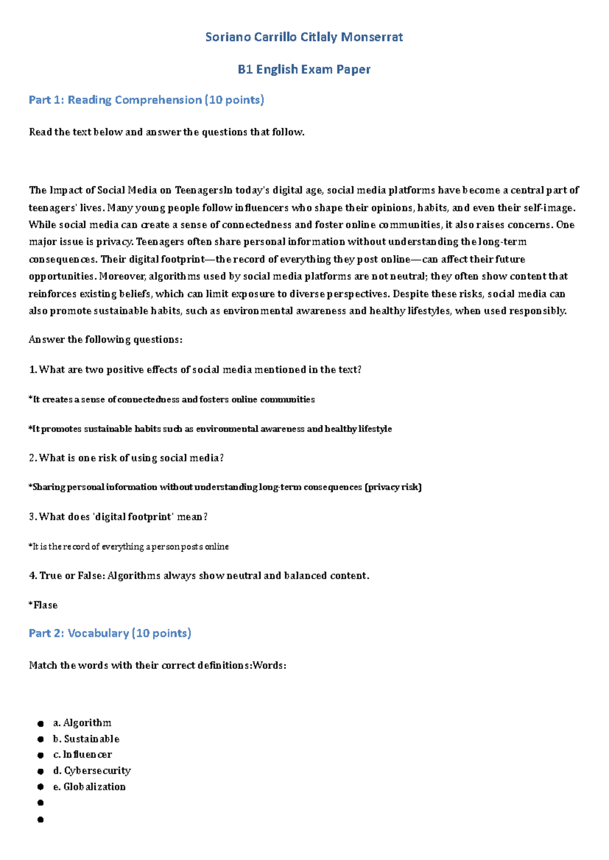 B1 English Exam Paper: Social Media Impact & Grammar Skills - Studocu