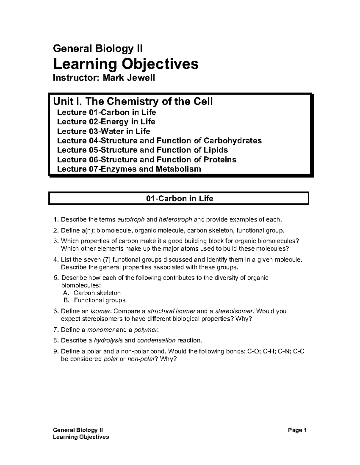 BZE W25 General Biology II Unit I Learning Objectives and Key Concepts ...