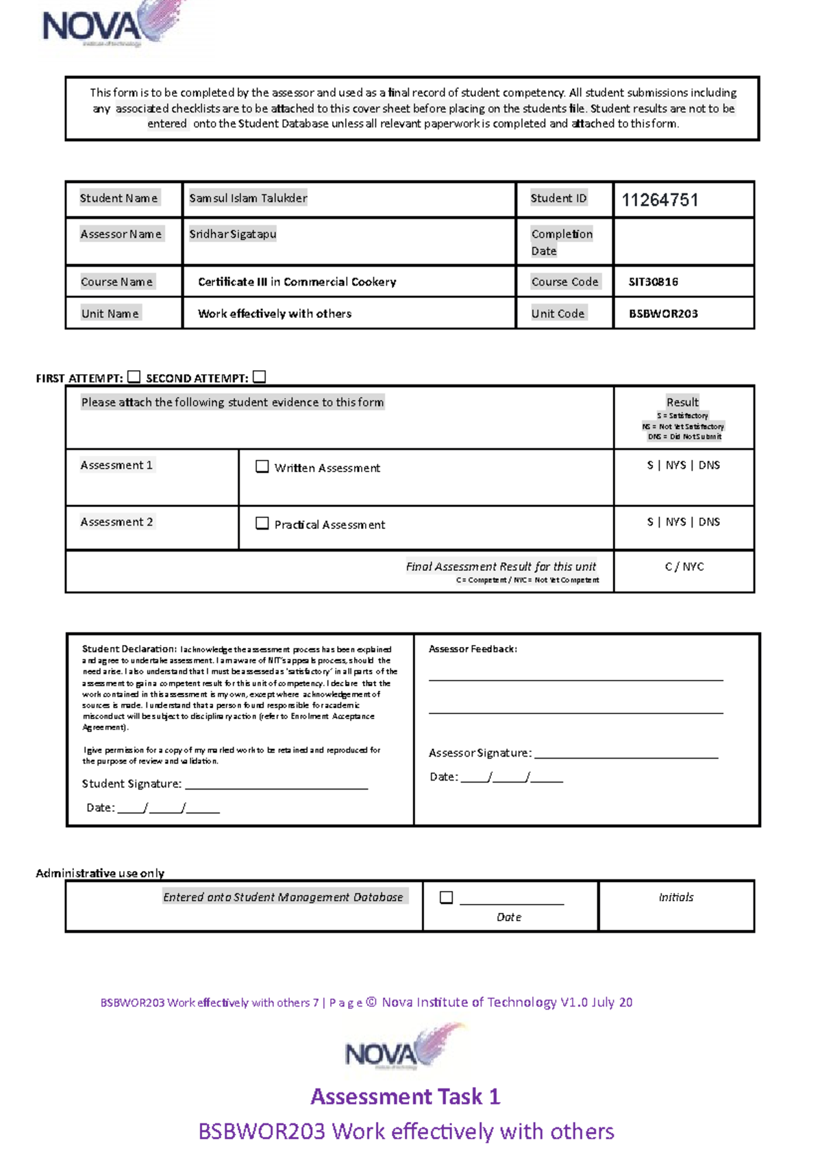 Bsbwor 203- asfasf - This form is to be completed by the assessor and ...
