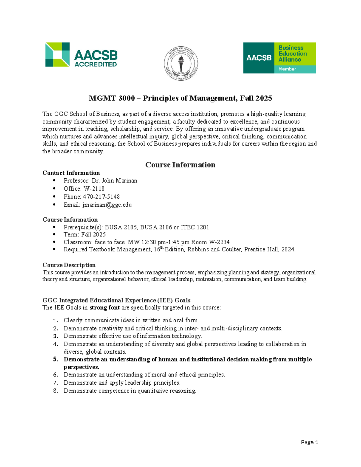 MGMT 3000 Principles of Management Syllabus, Fall 2025 - Studocu