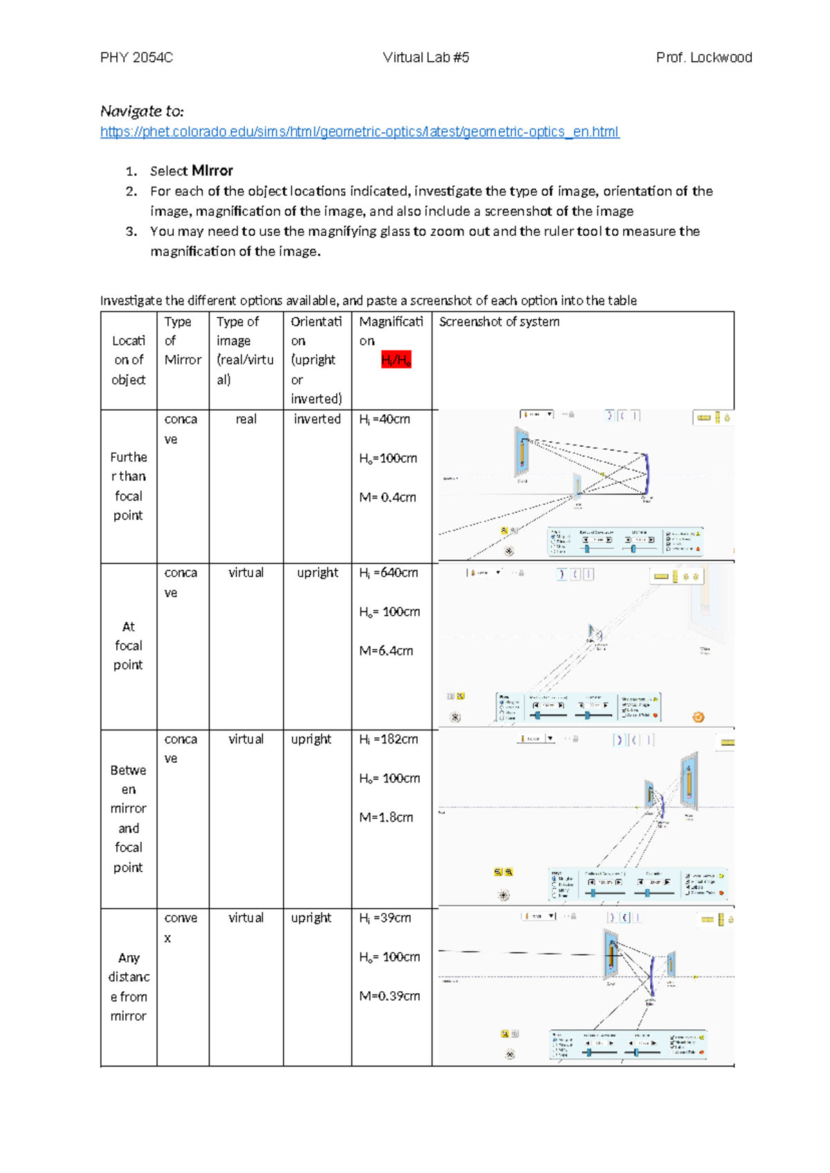 PHY 2054C Virtual Lab #5: Exploring Geometric Optics with Mirrors ...